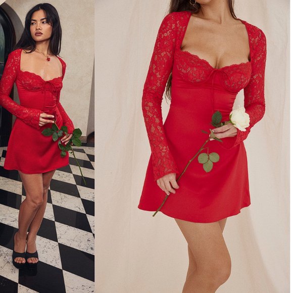 House of CB | Dresses | House Of Cb Jennica Red Rose Satin And Lace Mini Dress Nwot | Poshmark